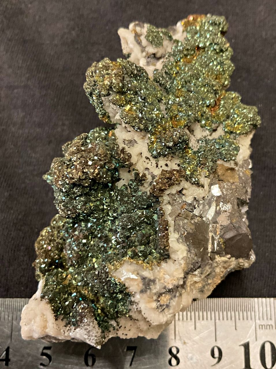 Iridescent Pyrite Crystals on Calcite (stock code COL05Pyr)